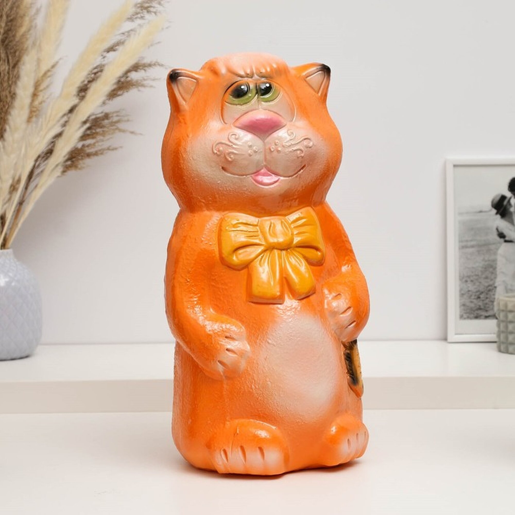 Копилка Хорошие сувениры "Кот с бантом и рыбкой", гипс, оранжевая, 38 см