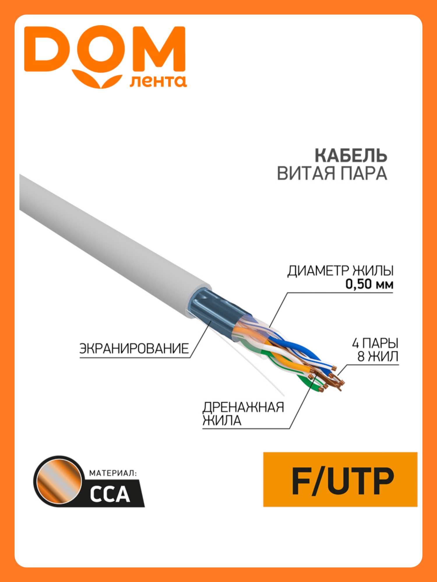 Кабель витая пара омедненный F/UTP, CCA, CAT 5e, PVC, 4PR, 24AWG, SOLID, серый, 305м PROconnect