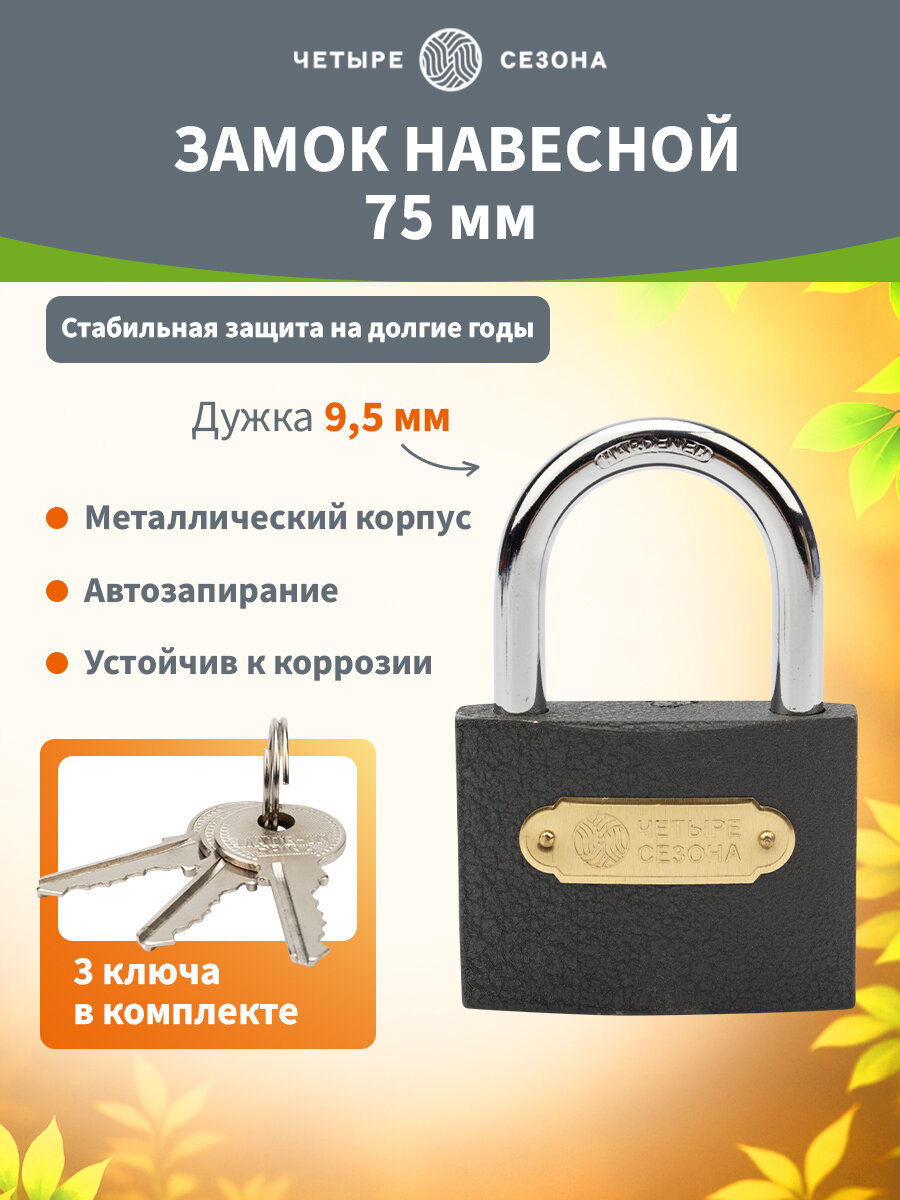 Замок навесной Четыре Сезона, чугун, 75 мм, серый, закаленная дужка, 3 ключа