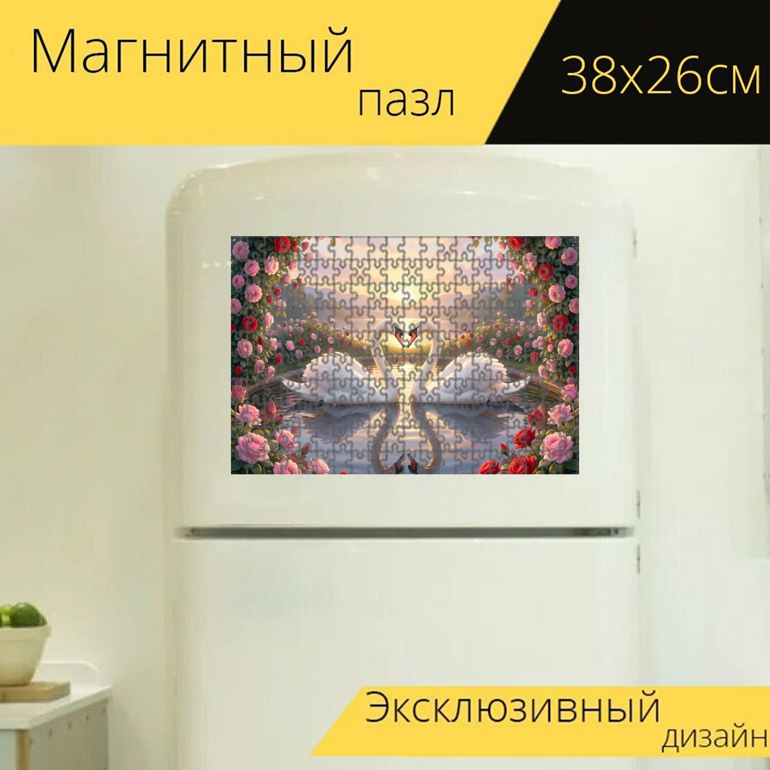 Магнитный пазл "Лебединое озеро с розами. Романтичная сцена у водной глади: пара белоснежных птиц в форме сердца среди цветущих роз, закатное небо, мягкие." для интерьера, 38х26 см.