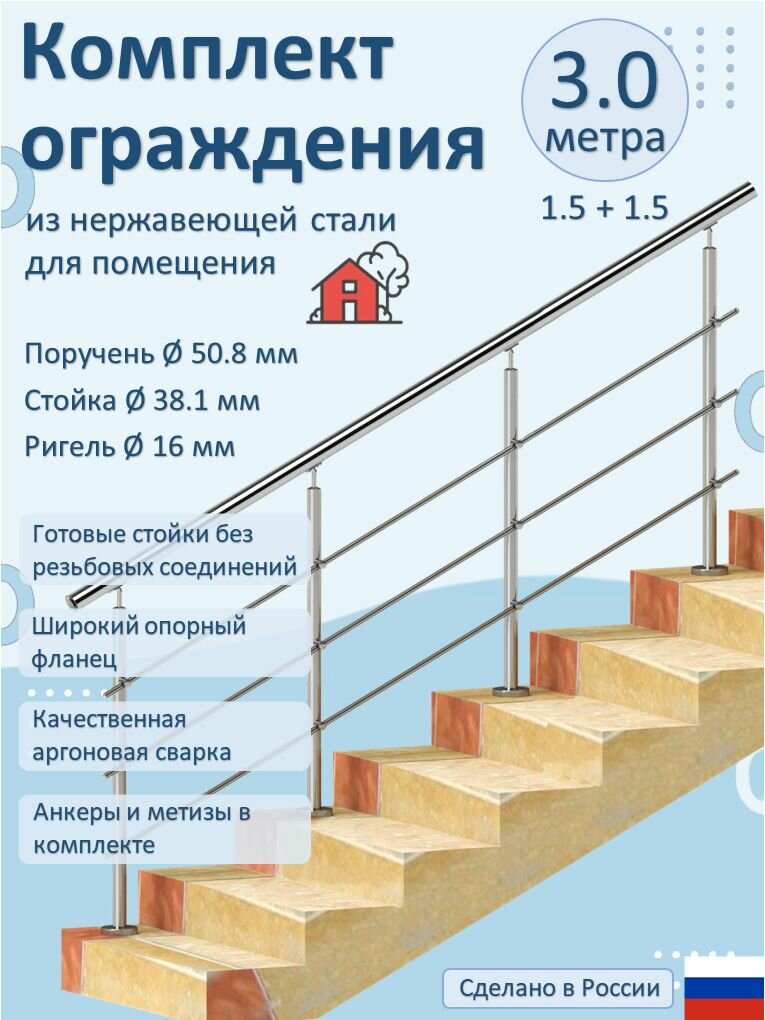 Перила для лестницы натеко, составное ограждение 3 м. из Нержавеющей Стали AISI 201, поручень 50.8 мм, из нержавейки для Помещения