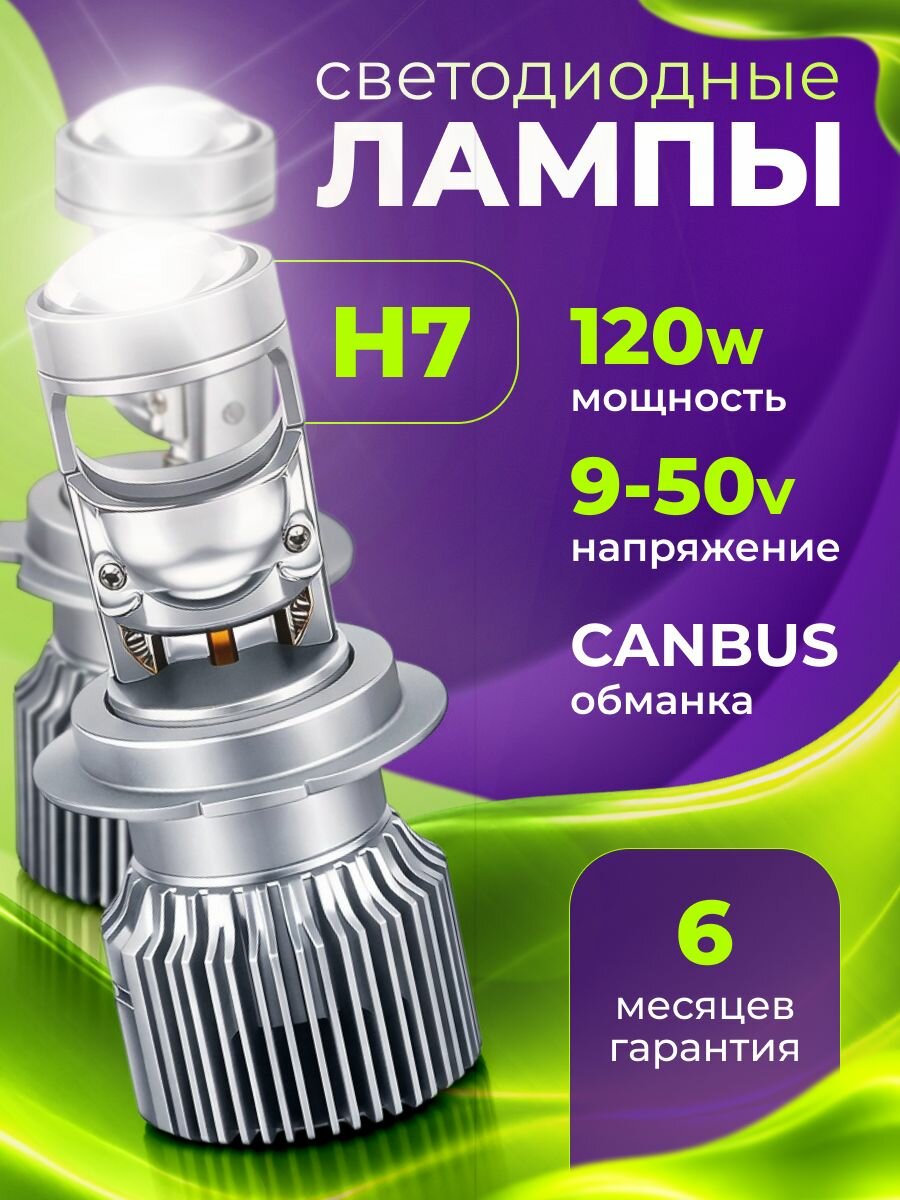 Лампы автомобильные светодиодные мини линзы LED лампы С обманкой H7 2шт