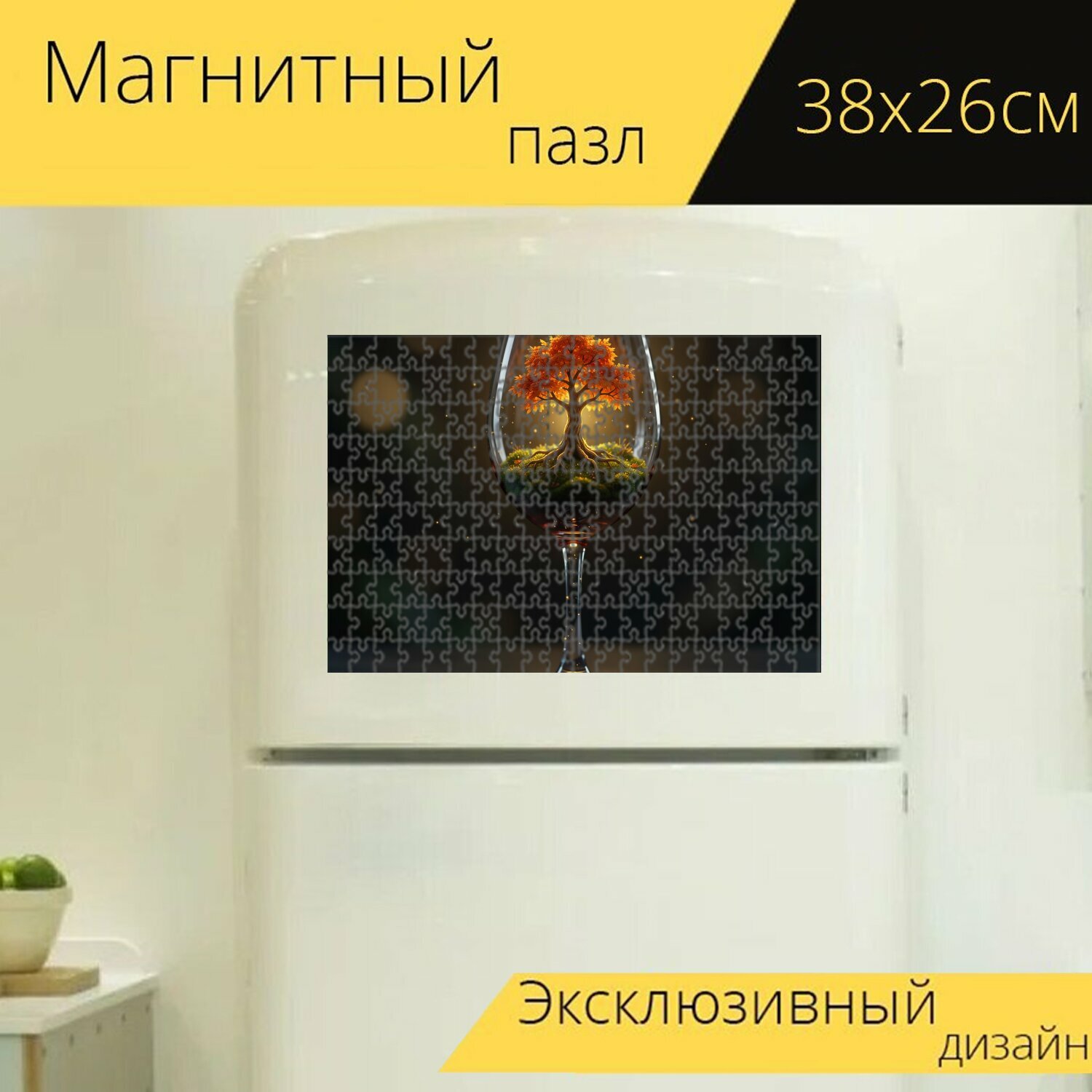 Магнитный пазл "Светящееся дерево в бокале. Фантазийная миниатюра с осенним кленом под стеклом, мох, корни, золотое свечение, искры, темный фон, уютная." для интерьера, 38х26 см.