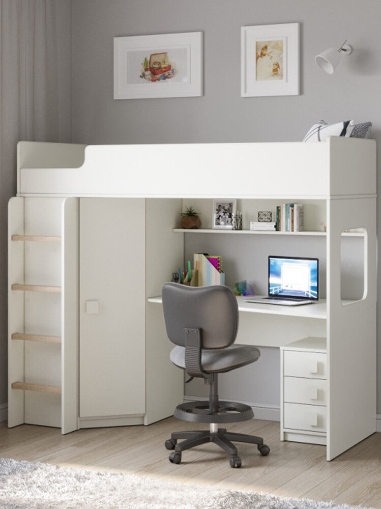 Кровать чердак Легенда B605.41 с тумбой белый спальное место 175х80 см