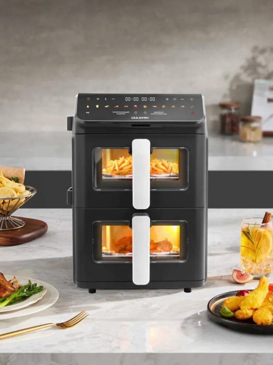 Аэрогриль OULEMEI OLM-KZF031, двойная камера, 3000W, 6л, чёрный