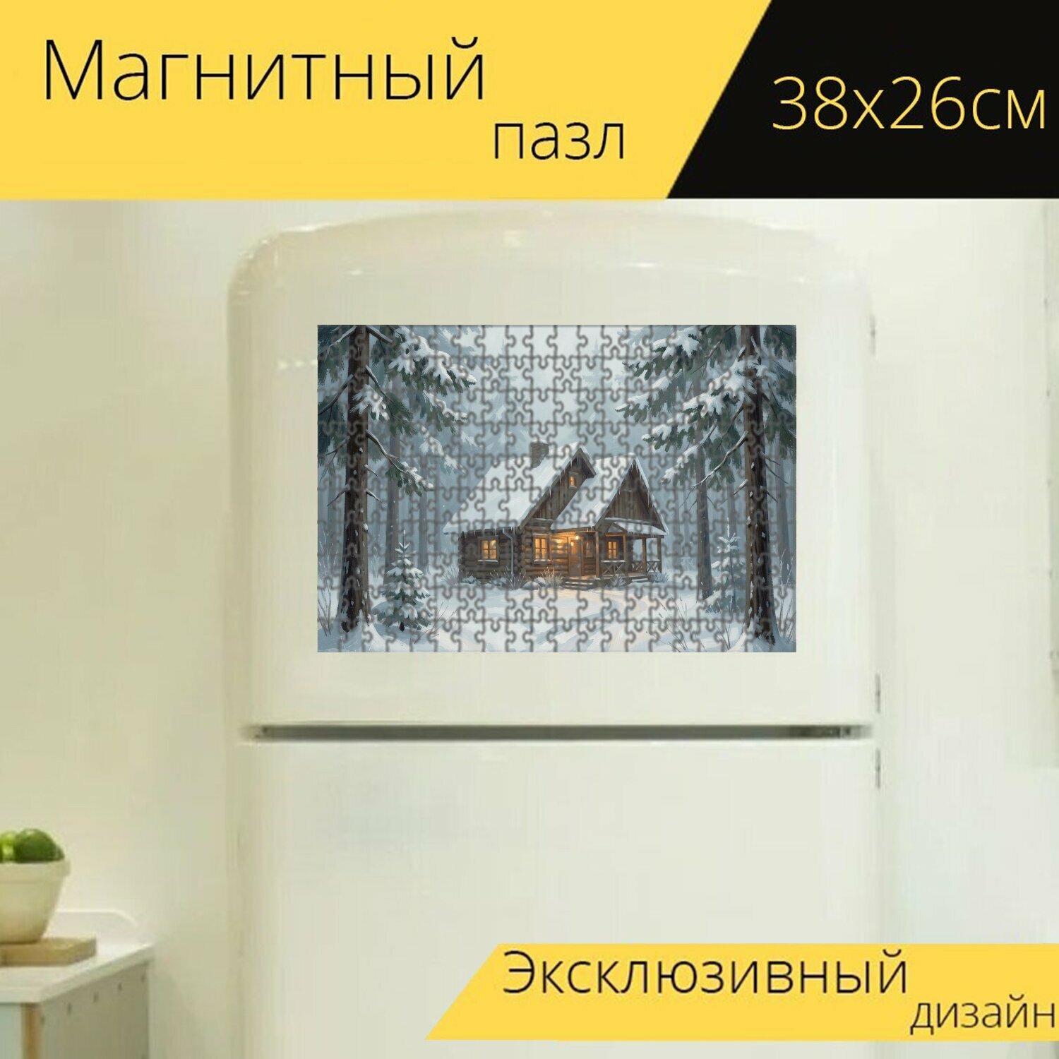 Магнитный пазл "Зимний лесной домик в снегу. Уютная деревянная избушка среди заснеженных елей, мягкий свет в окнах, туманная чаща, извилистая тропа." для интерьера, 38х26 см.