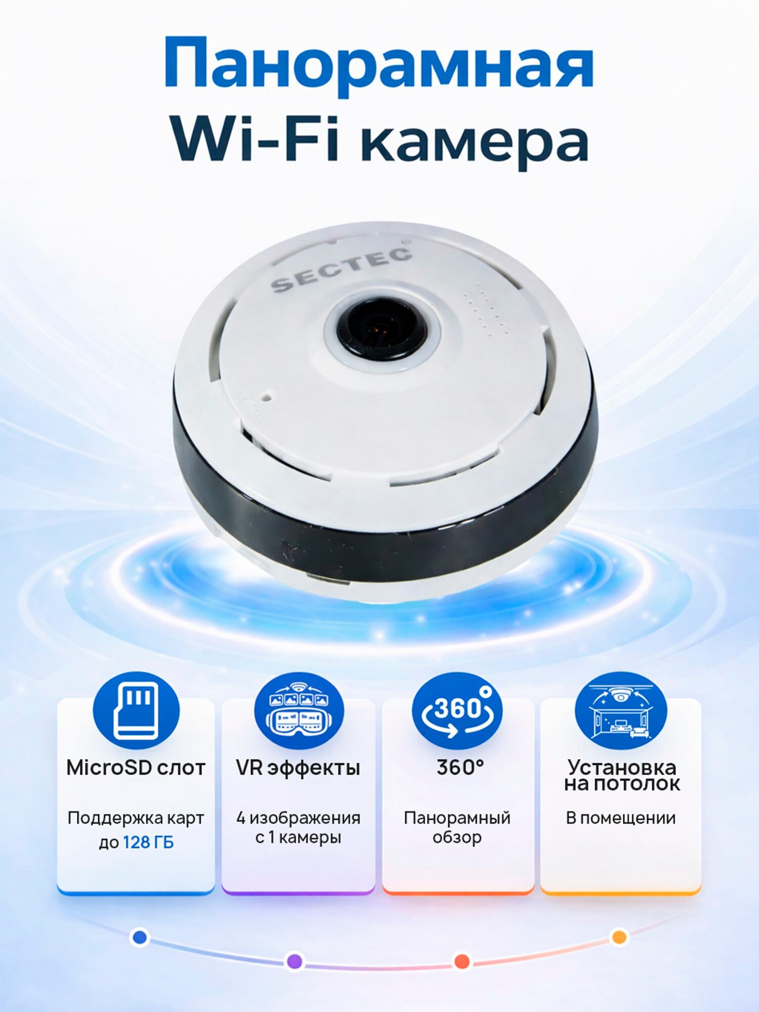 Панорамная Wi-Fi IP камера видеонаблюдения для помещений с microSD слотом VR рыбий глаз SECTEC ST-IP360-3M-VR(APP: V380 Pro)