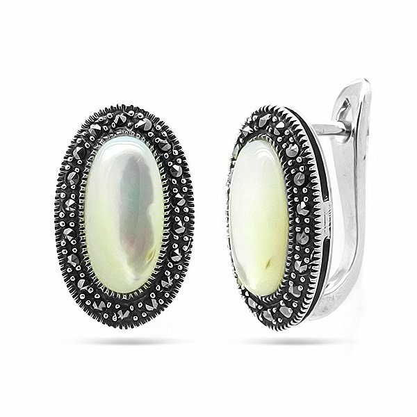 Серьги, серебро, 925 проба, оксидирование, марказит, перламутр
