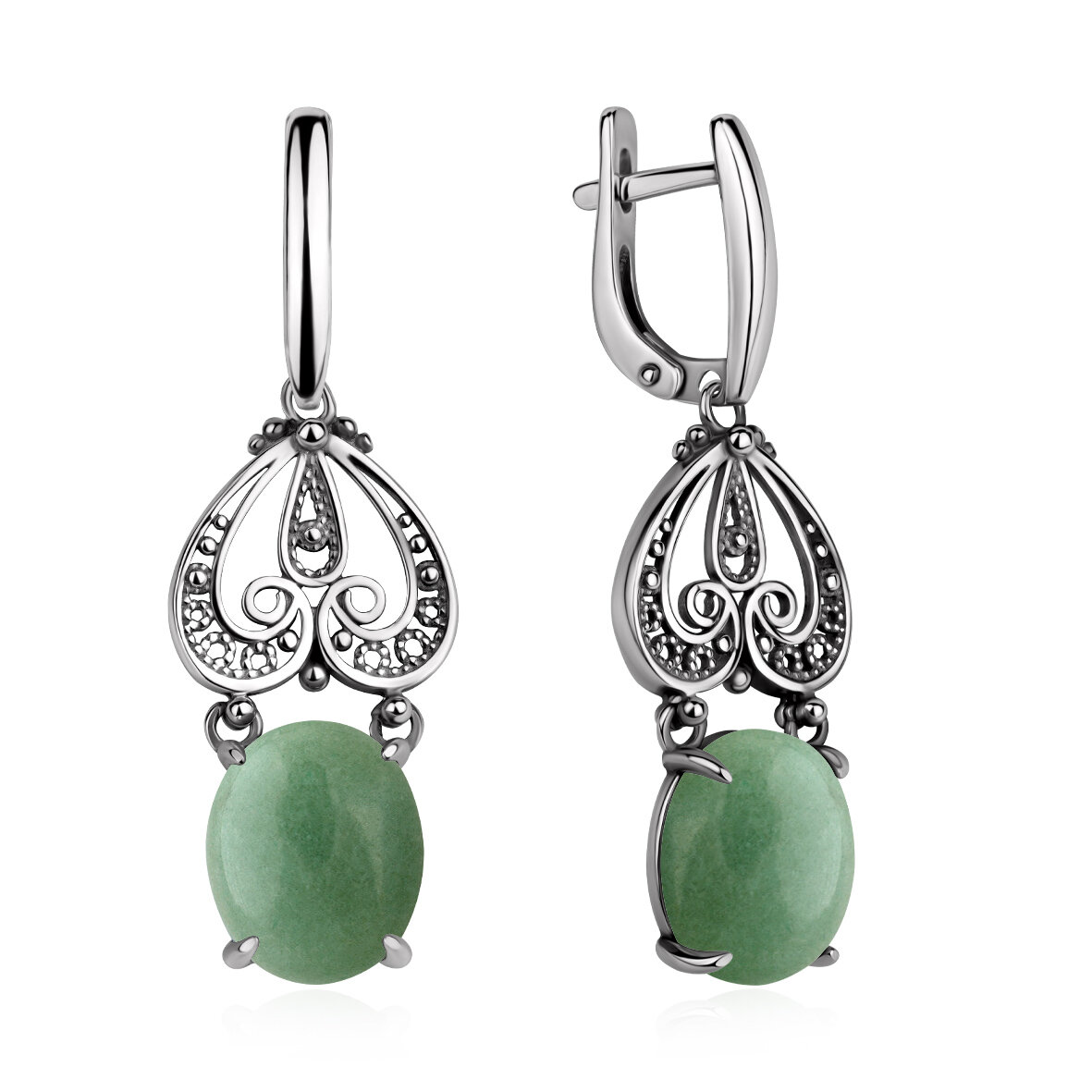 Серьги, серебро, 925 проба, оксидирование, авантюрин