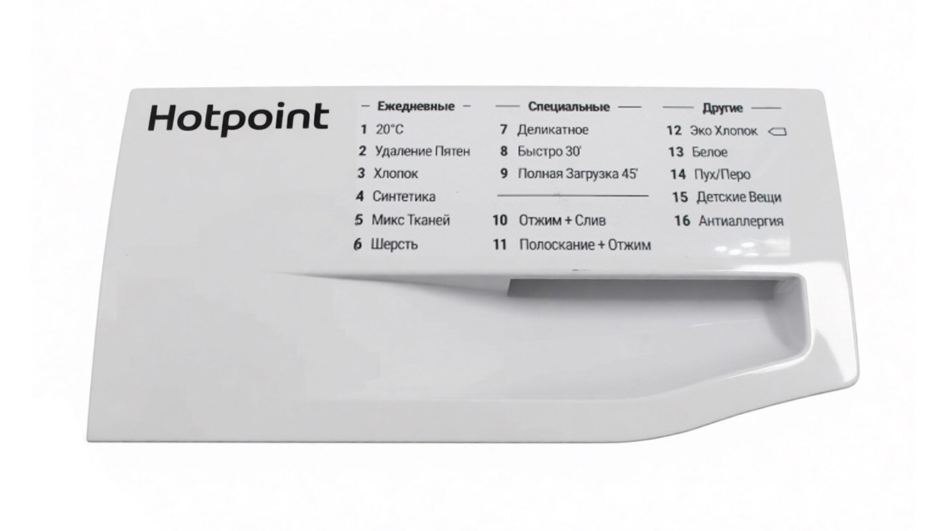 Крышка дозатора для стиральной машины HOTPOINT 90000159 (цвет: белый, информация на панели W11215195, W11215207, размер панели 214мм/110мм, 95мм). Товар уцененный