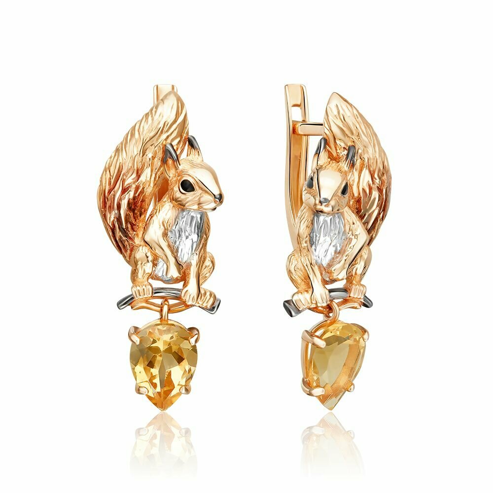 Серьги, красное золото, 585 проба, эмаль, цитрин