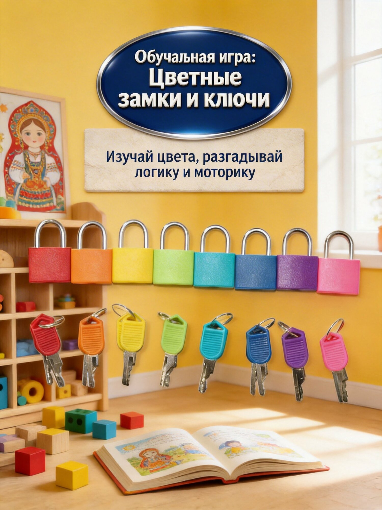 Обучающая игра Монтессори-ключи, развивающая детская игрушка для внимания и моторики из пластика 8 цветов комплект 8 шт