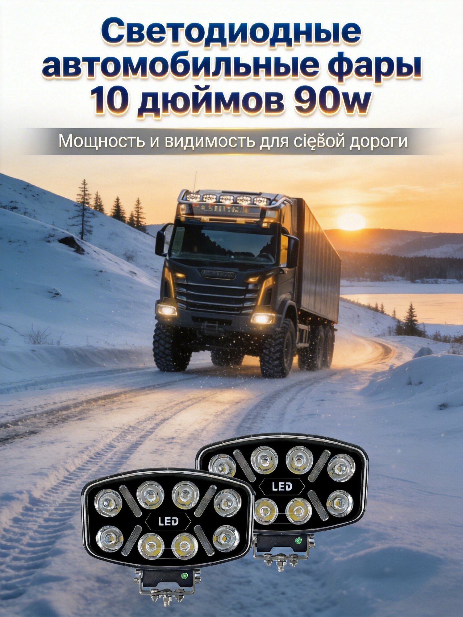 Светодиодные автомобильные фары 10 дюймов, 90w для замены штатных ламп и улучшения видимости в ночных поездках
