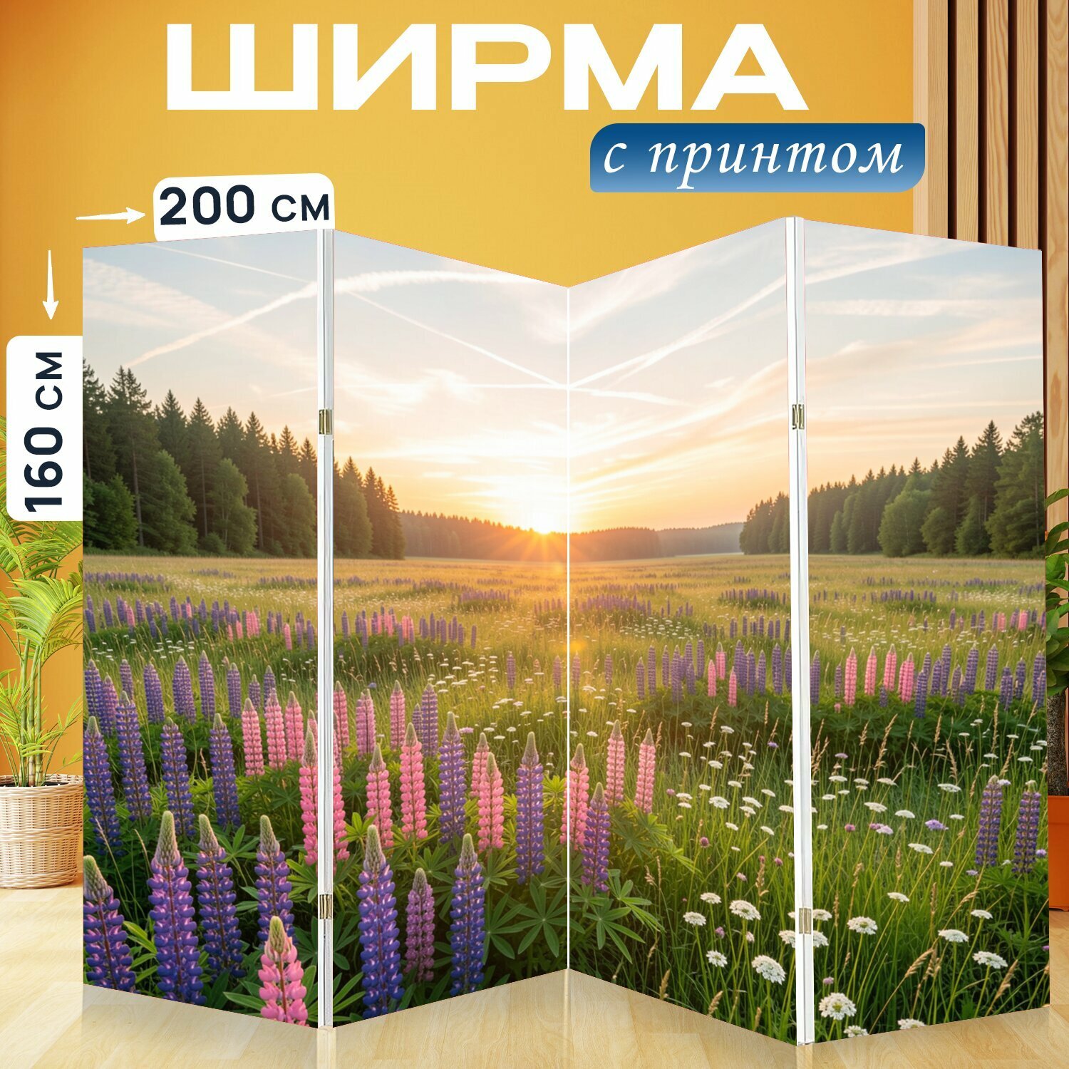 Ширма "Луговой рассвет с люпинами. Широкое поле с цветущими дикими растениями в розовых, сиреневых и." перегородка для зонирования комнаты с принтом 200x160 см. на холсте
