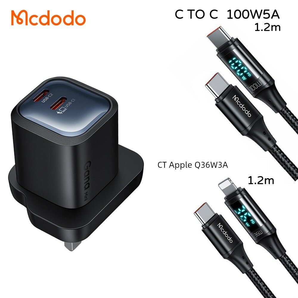 45W GaN двойное USB-C зарядное устройство британский штепсель, черный с двумя кабелями и дисплеем для iPhone