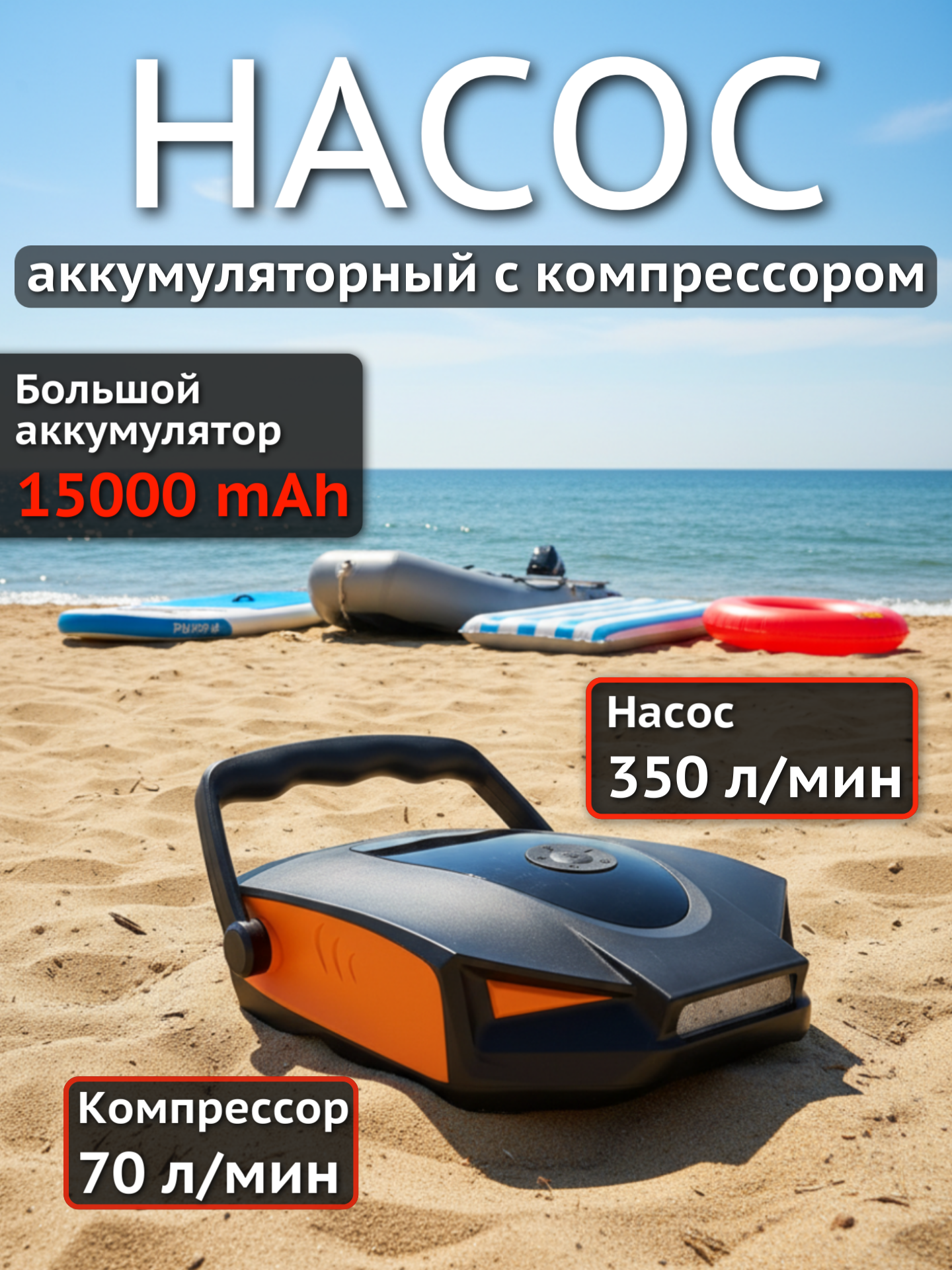 Насос компрессор аккумуляторный для сапборда, лодки ПВХ, сапа, 15000 mAh