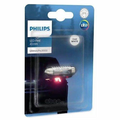 Лампа светодиодная Festoon 43mm LED C5W SV8.5 O9,8x43мм 12В/0,6Вт 6000К B1 Philips 11864U30CWB1