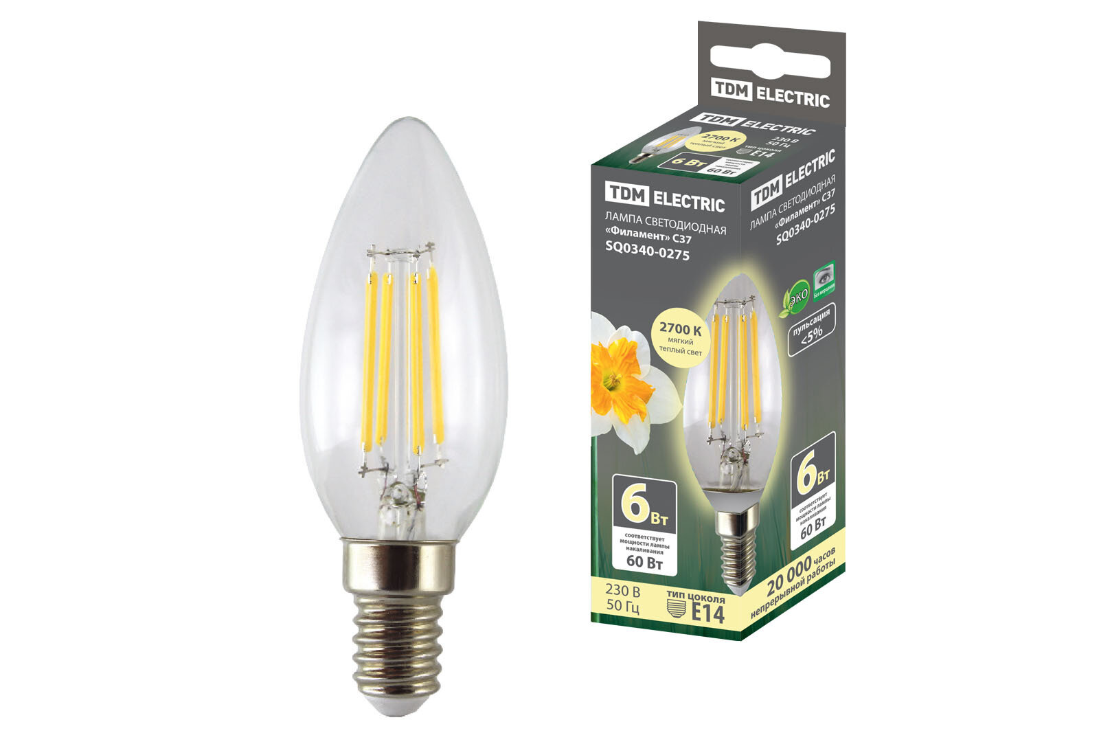 Лампочка LED Филамент С37 6W 230B 2700К E14 TDM SQ0340-0275, 10 лампочек