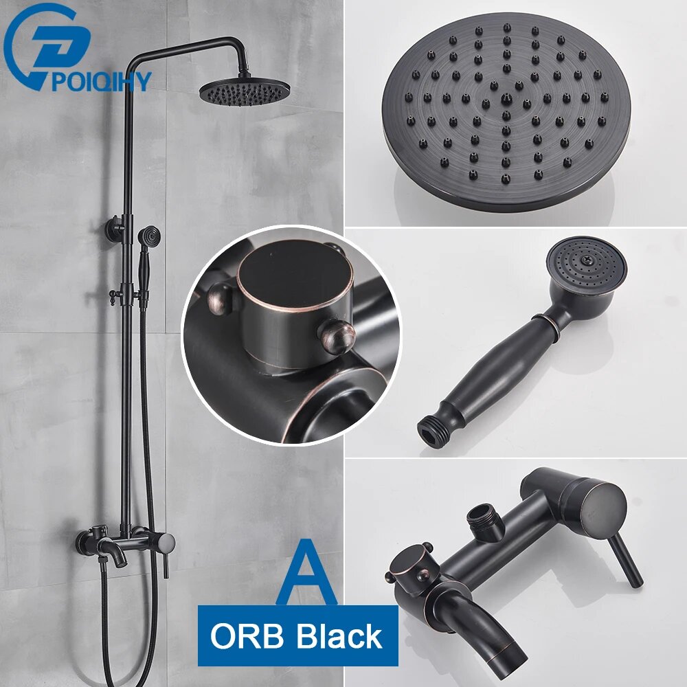 POIQIHY ORB Черный душевой кран для ванной Встроенный 8" дождевой душ из латунья Комплект для душа Кран смеситель Водопроводной спутник для ванны Комплект для душа Двух ручек-ORB Черный A pt