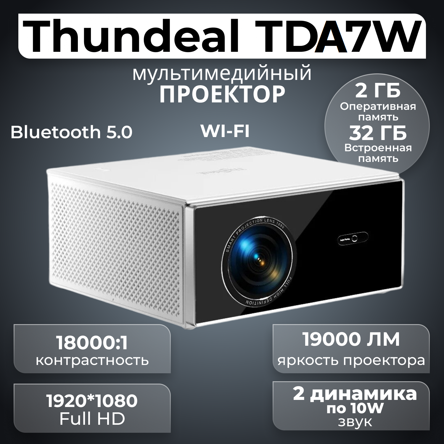 Мультимедийный домашний проектор для фильмов Thundeal TDA7W на Андроид с высоким разрешением FullHD и большой яркостью