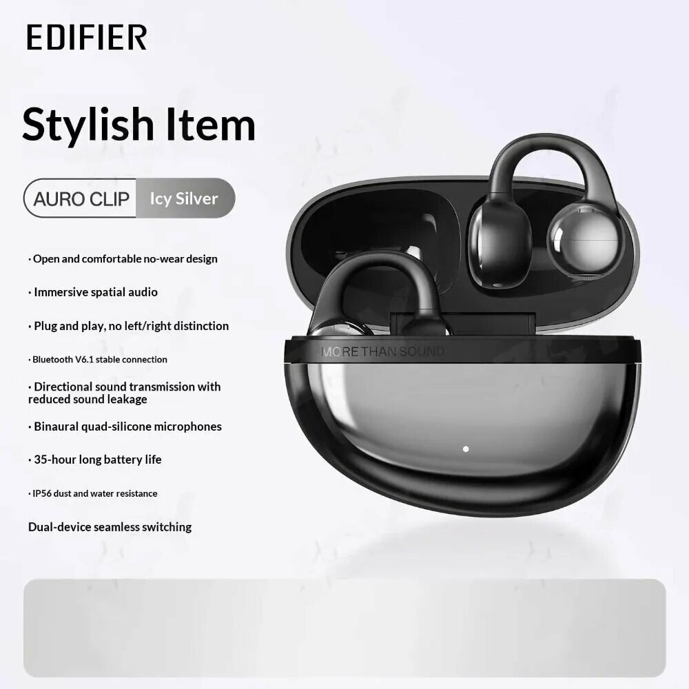 EDIFIER Auro Clip Наушники Беспроводные Bluetooth 6.1: Автономность До 35 Часов, Bass Turbo, Водонепроницаемость