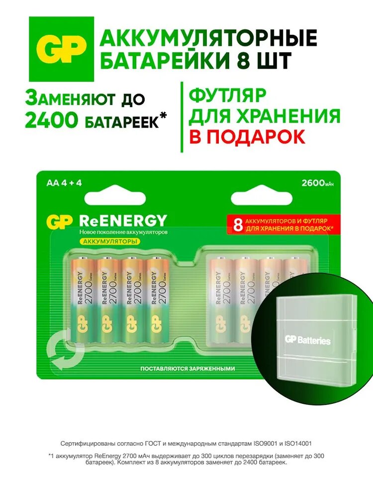 GP Батарейки АА аккумуляторные пальчиковые, аккумуляторы 2600 мАч Ni-Mh, набор 18 шт