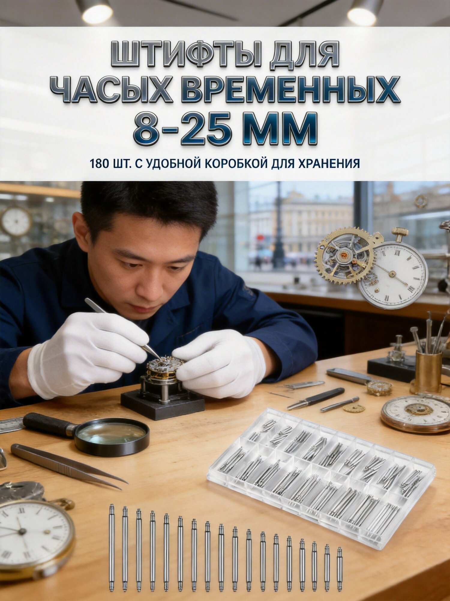 Набор пружинных штифтов для ремешков часов 8-25 мм, 180 шт с прозрачной коробкой для хранения