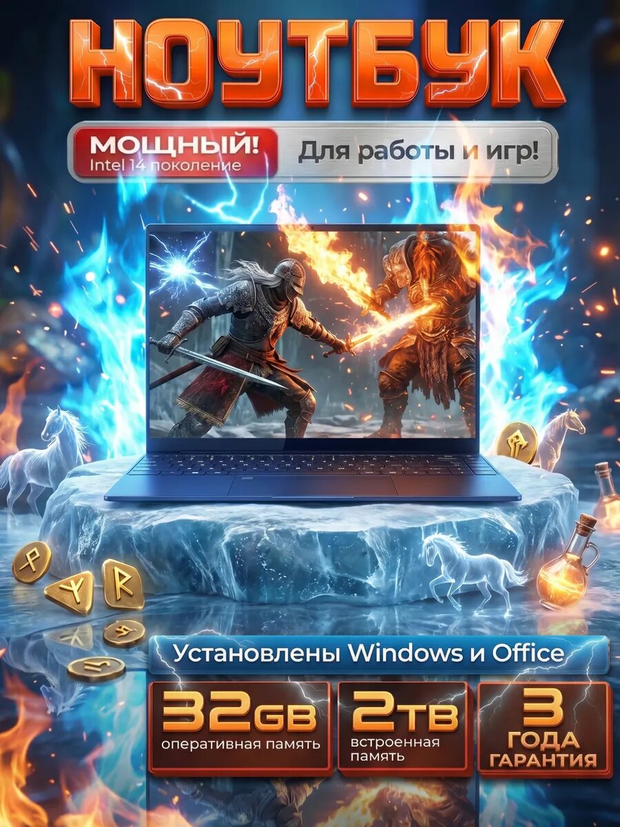 Ноутбук игровой 2026 Intel H-series, RAM 32GB, SSD 2048GB, IPS + Windows, Office