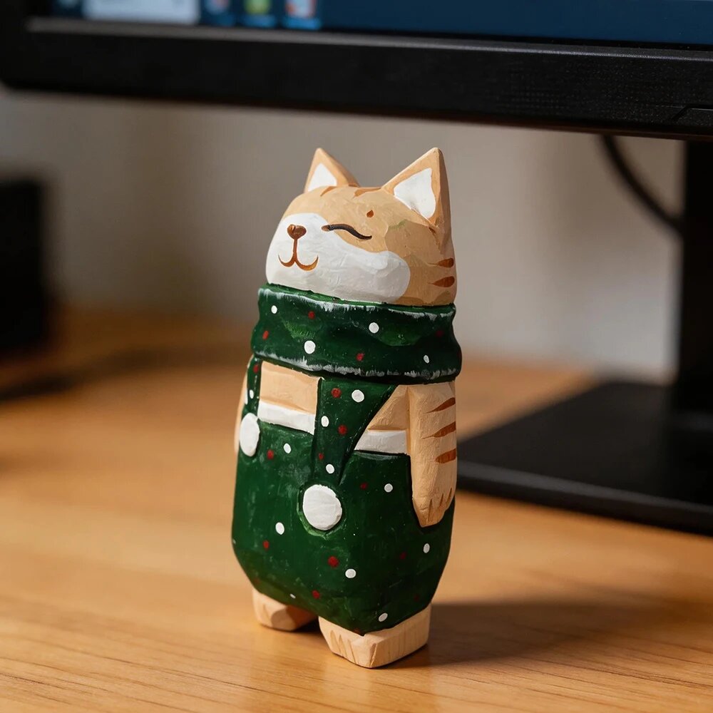 Резная деревянная фигурка кошки: милая стоящая кошка-котенок, статуэтка-украшение для уютного дома, офиса, декора стола, скульптура животного, подарок