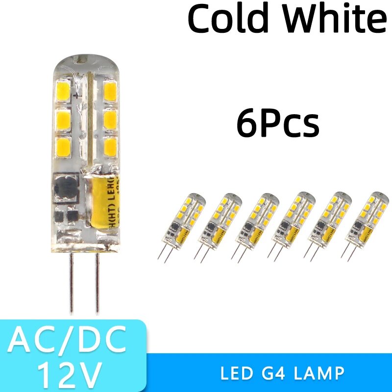 6x LED G4 Лампа, Холодный белый свет, 12V AC/DC