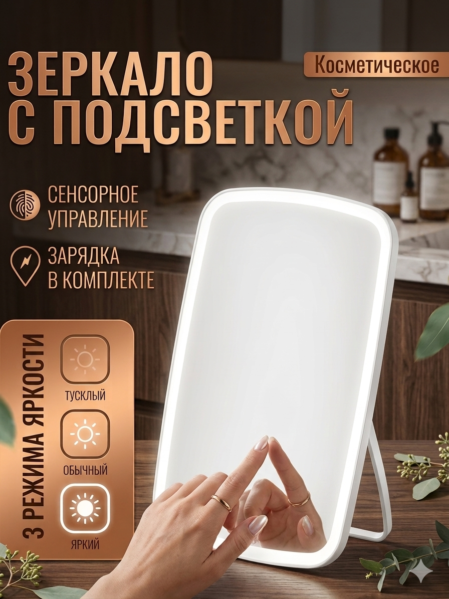 Настольное зеркало для макияжа косметическое, с подсветкой, сенсорное управление, 21x15 см