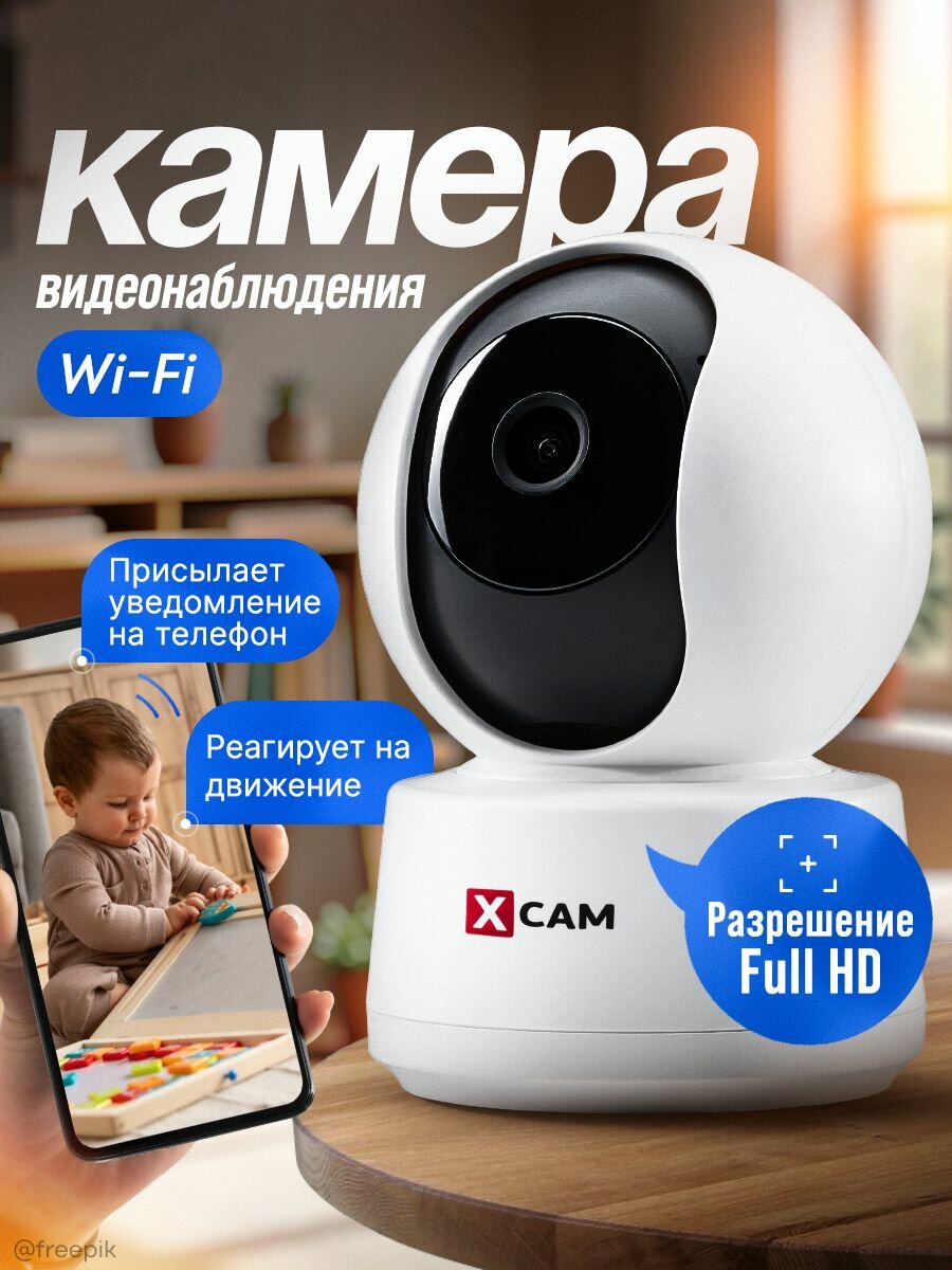 Камера видеонаблюдения для дома wi-fi через телефон XCAM с ночной съемкой и датчиком движения