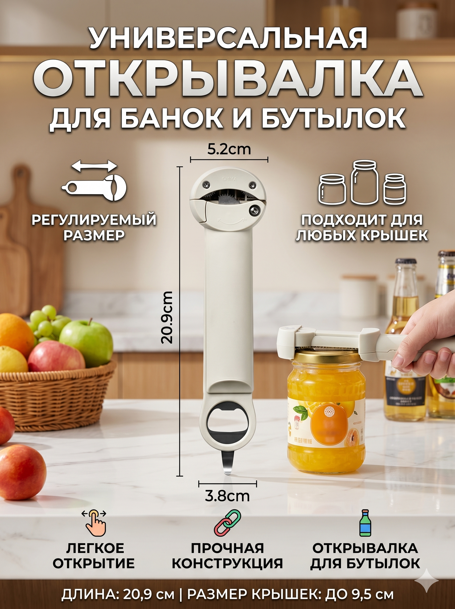 Универсальная открывалка для банок и крышек 2.5-9.5см, магнитная регулируемая открывалка, бежевая