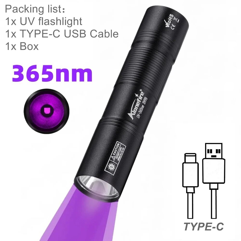 AloneFire UV-365nm фонарик USB-C черный