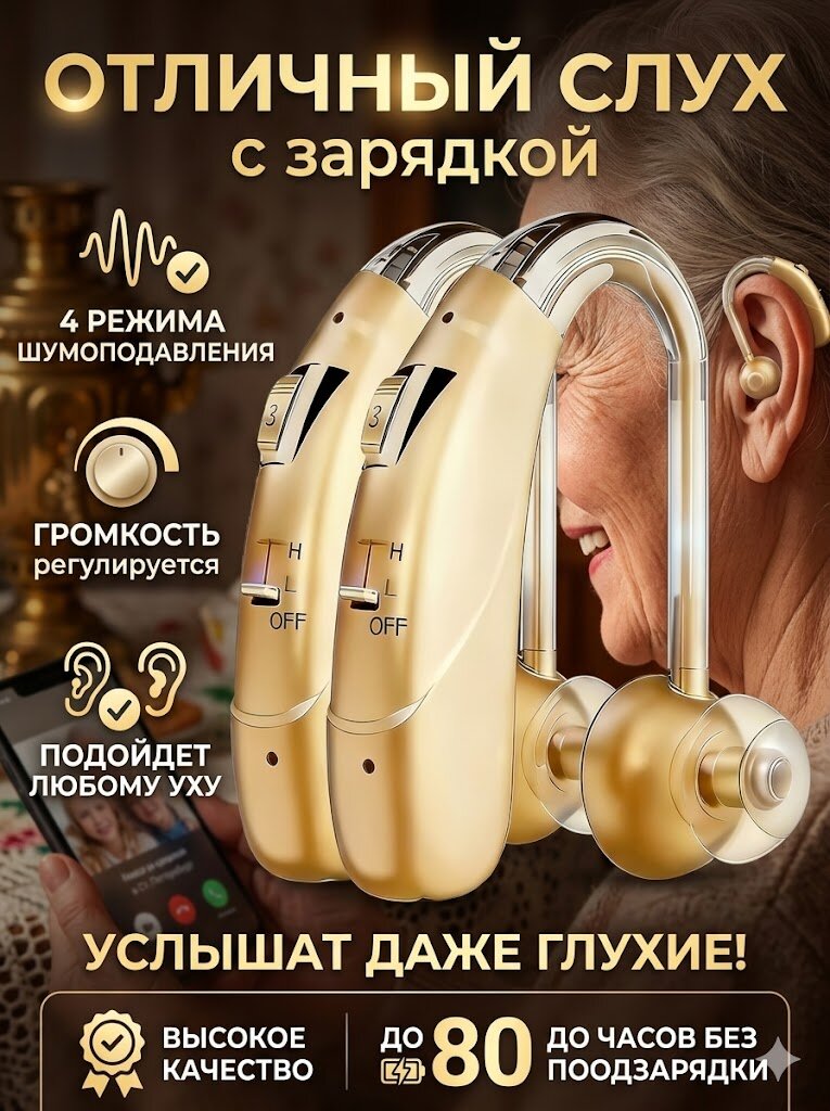 Накладной слуховой прибор с зарядным устройством для пожилых и взрослых