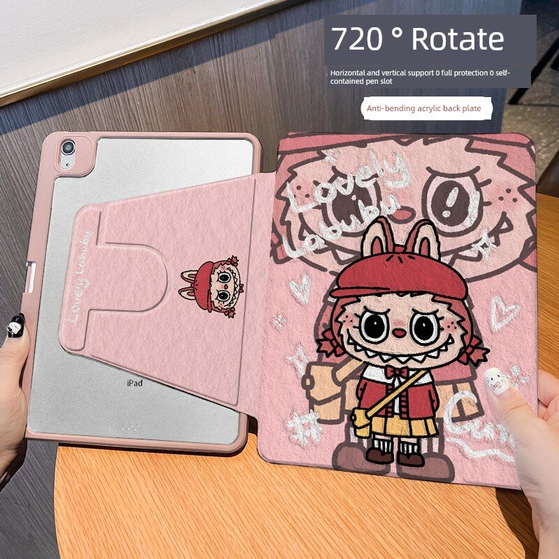 Чехол для iPad 2021 10.2 дюймов с 720° поворотом, анти-изгибным акрилом, трехсекционным отсеком для ручки и розовой
