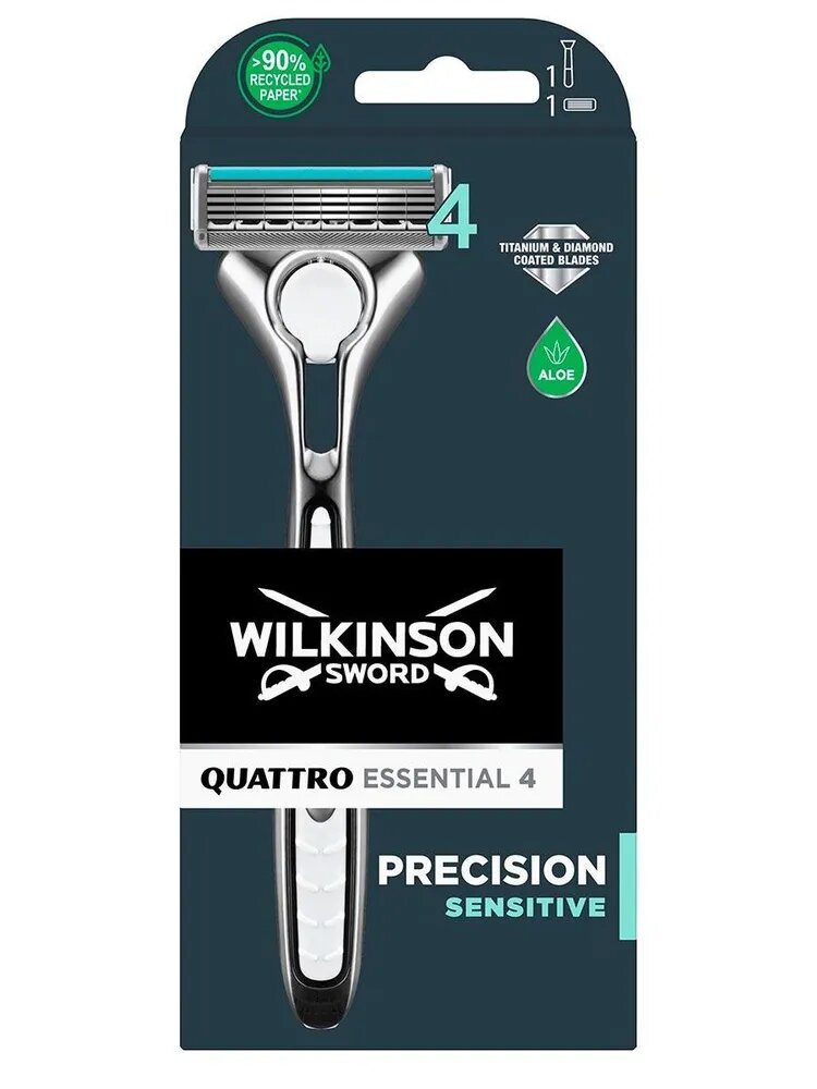 Wilkinson Sword Бритва Schick QUATTRO Titanium Essential Sensitive (1 станок, 1 кассета), 4 лезвия лезвие-триммер, плав. головка, увл. полоска, прорезиненная ручка