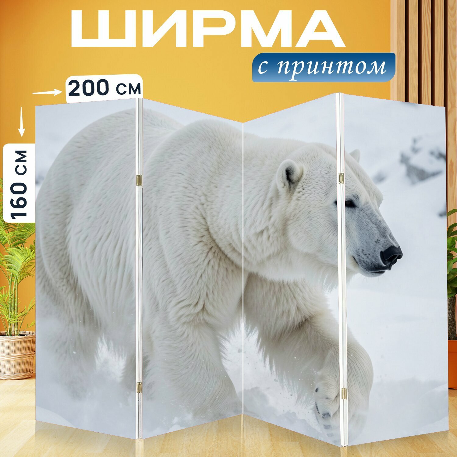 Ширма "Белый медведь в снегу. Полярный хищник крупным планом шагает по заснеженной арктической пустыне." перегородка для зонирования комнаты с принтом 200x160 см. на холсте