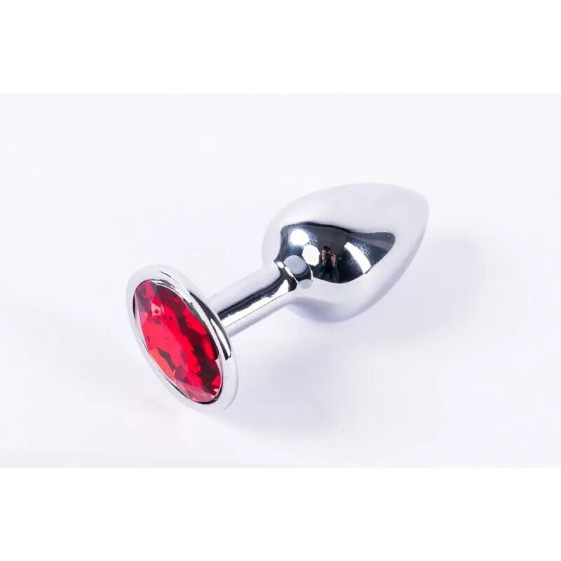 Анальная пробка металлическая серебристая с красным кристаллом Onjoy Melal Plug Silver Small длина рабочая 6 см, диаметр 2,8 см
