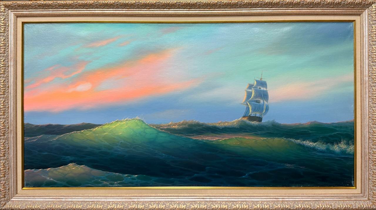 Картина маслом, морской пейзаж "По волнам". Холст/Масло, 2011. Размер 60х120. Автор Кучуков Я.