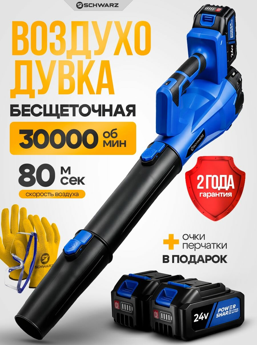 Воздуходувка аккумуляторная мощная, воздуходувка садовая, 30.000 об/мин, 2 АКБ, SCHWARZ