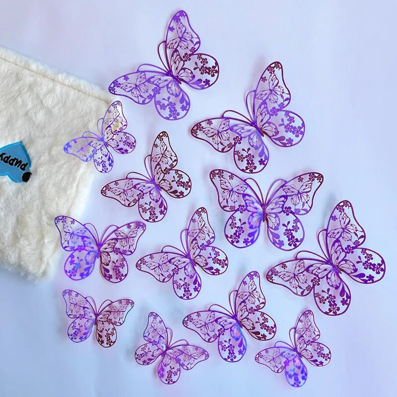 12 шт. 3D бабочек на стену, розовые, C Colorful Pink