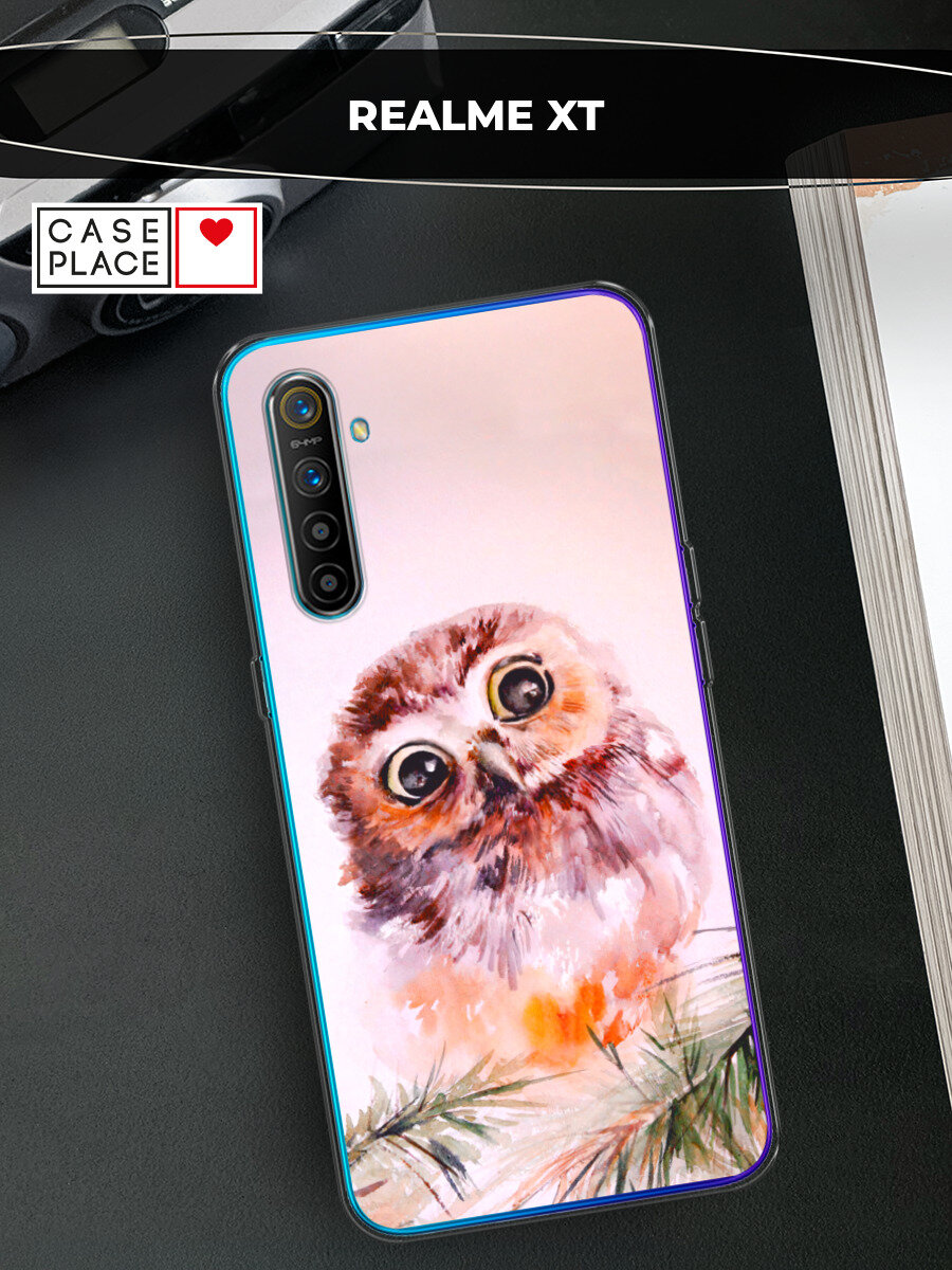 Чехол на Realme XT / Реалми XT с принтом Сова на розовом