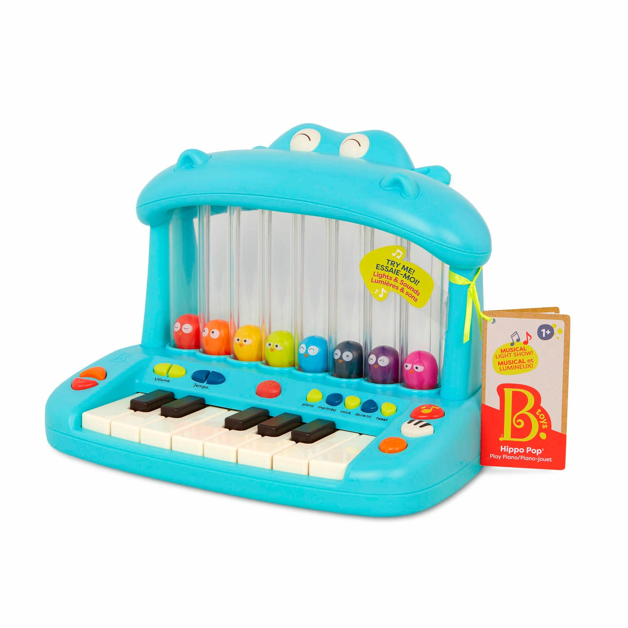 Музыкальная игрушка B.Toys - Пианино с прыгающими птичками в виде бегемота Hippo Pop Play Piano, размер 33,5 x 22,5 x 24,5 см, 12+ мес. - Би. Тойс BX2297Z