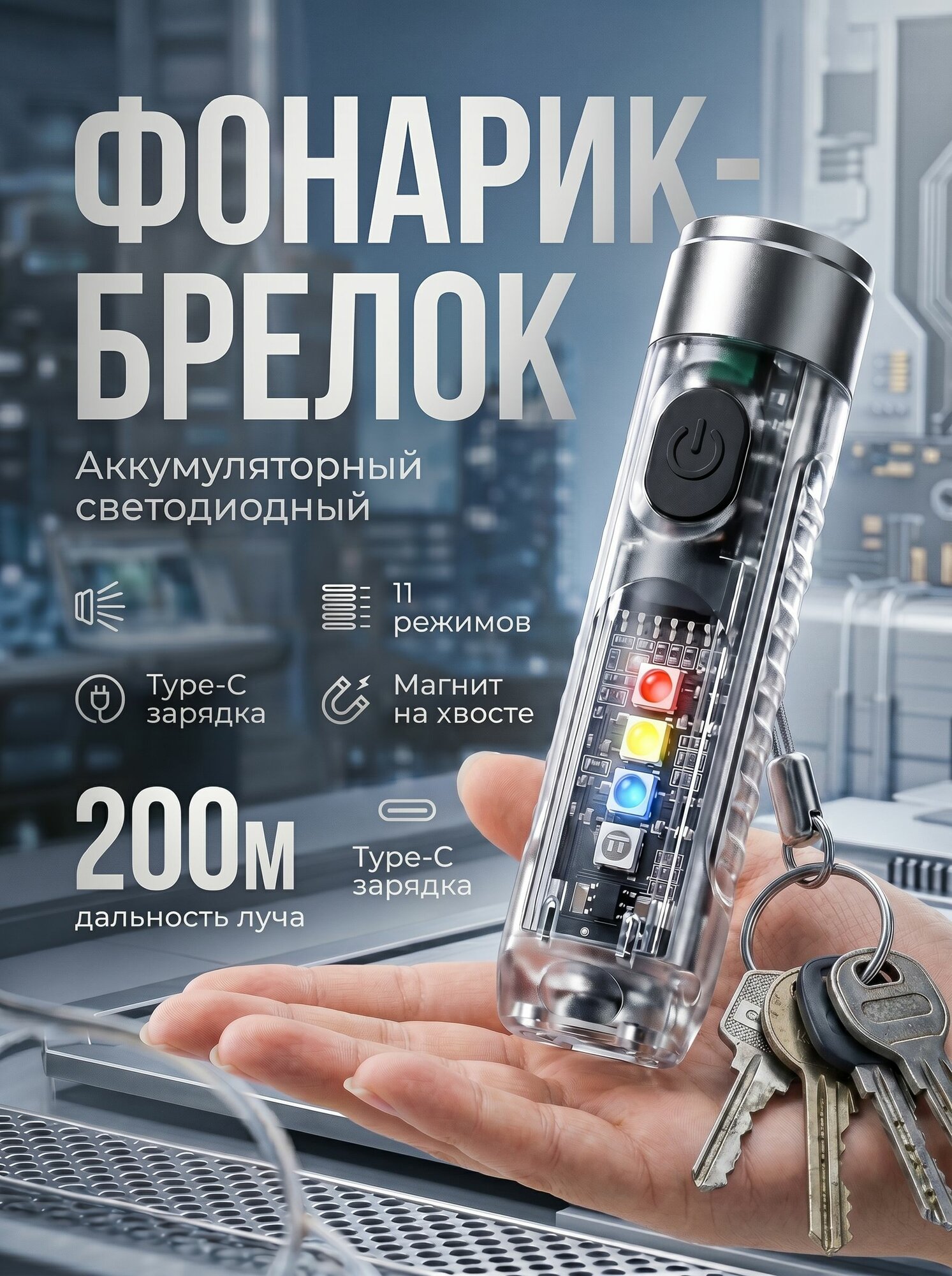 Фонарик брелок светодиодный аккумуляторный с магнитом 11в1, карманный многофункциональный с USB