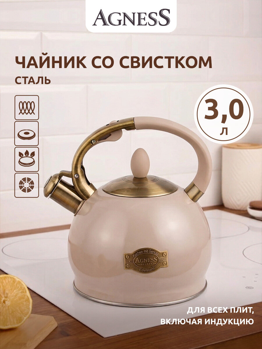 Чайник для газовой плиты Agness "Тюдор", нержавеющая сталь, 3л, для всех видов плит, со свистком