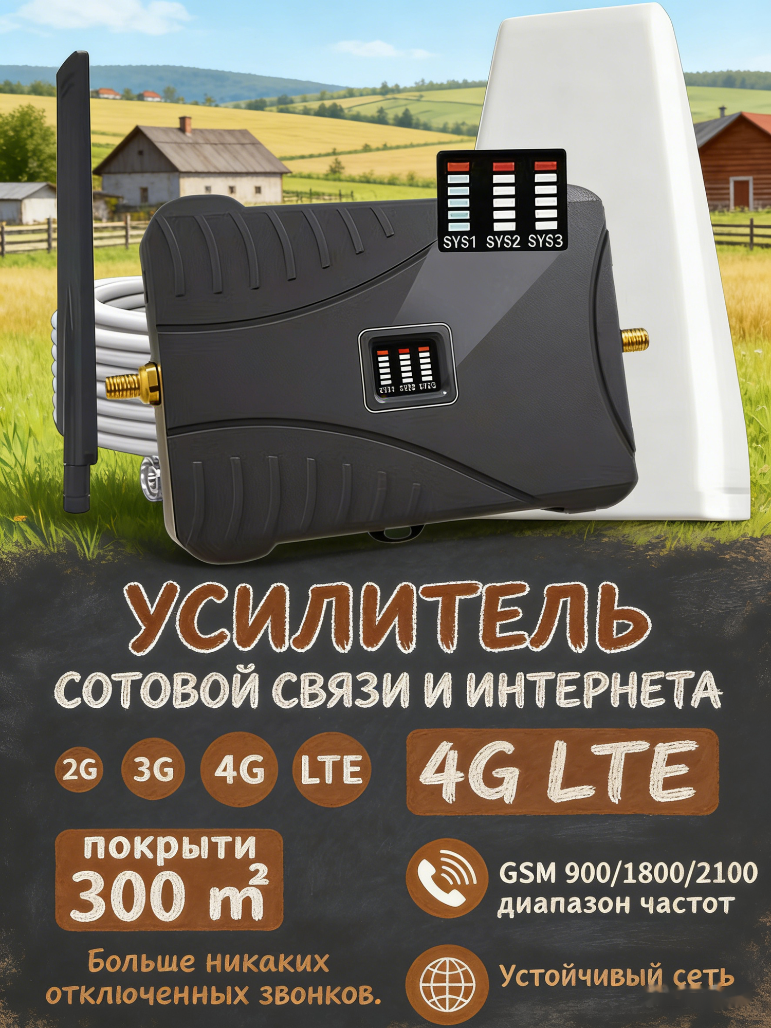 Усилитель сотовой связи-телефона 2G, 3G и 4G, 900 - 1800-2100 МГц -усилитель gsm сигнала