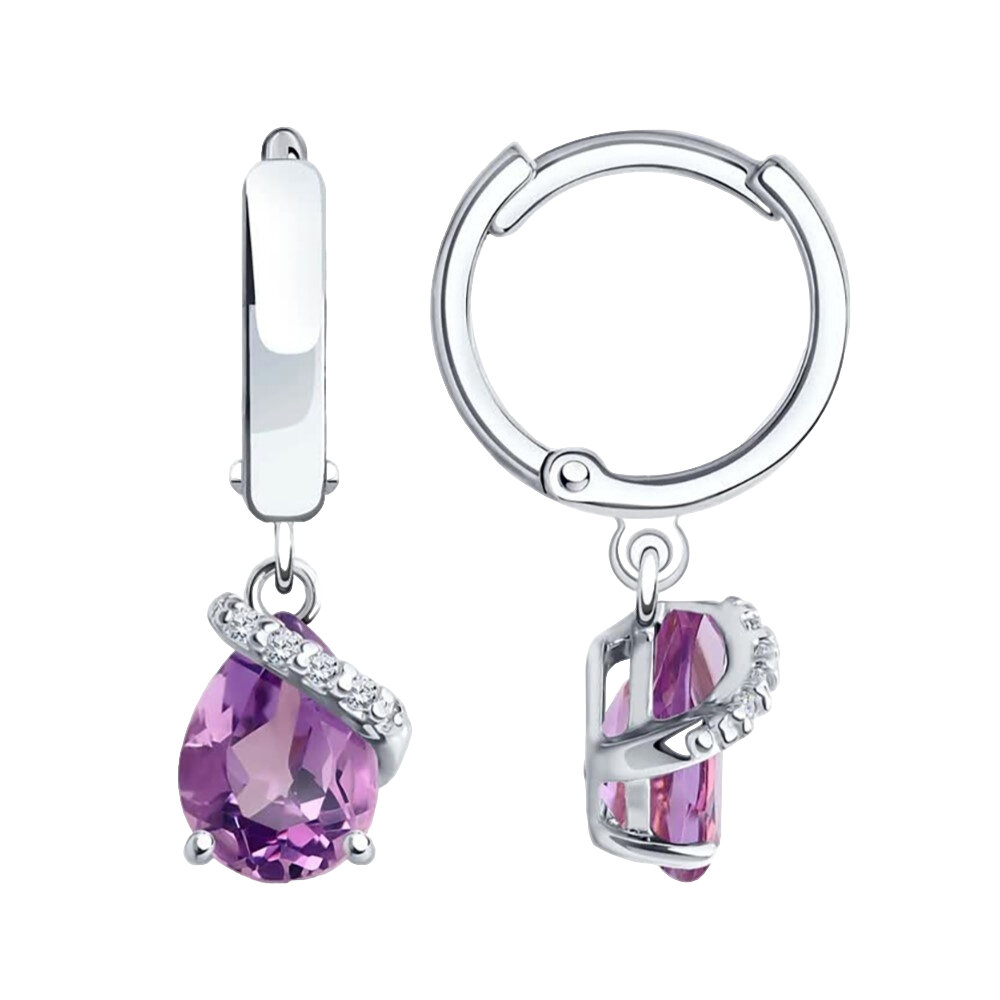 Серьги, серебро, 925 проба, аметист, фианит