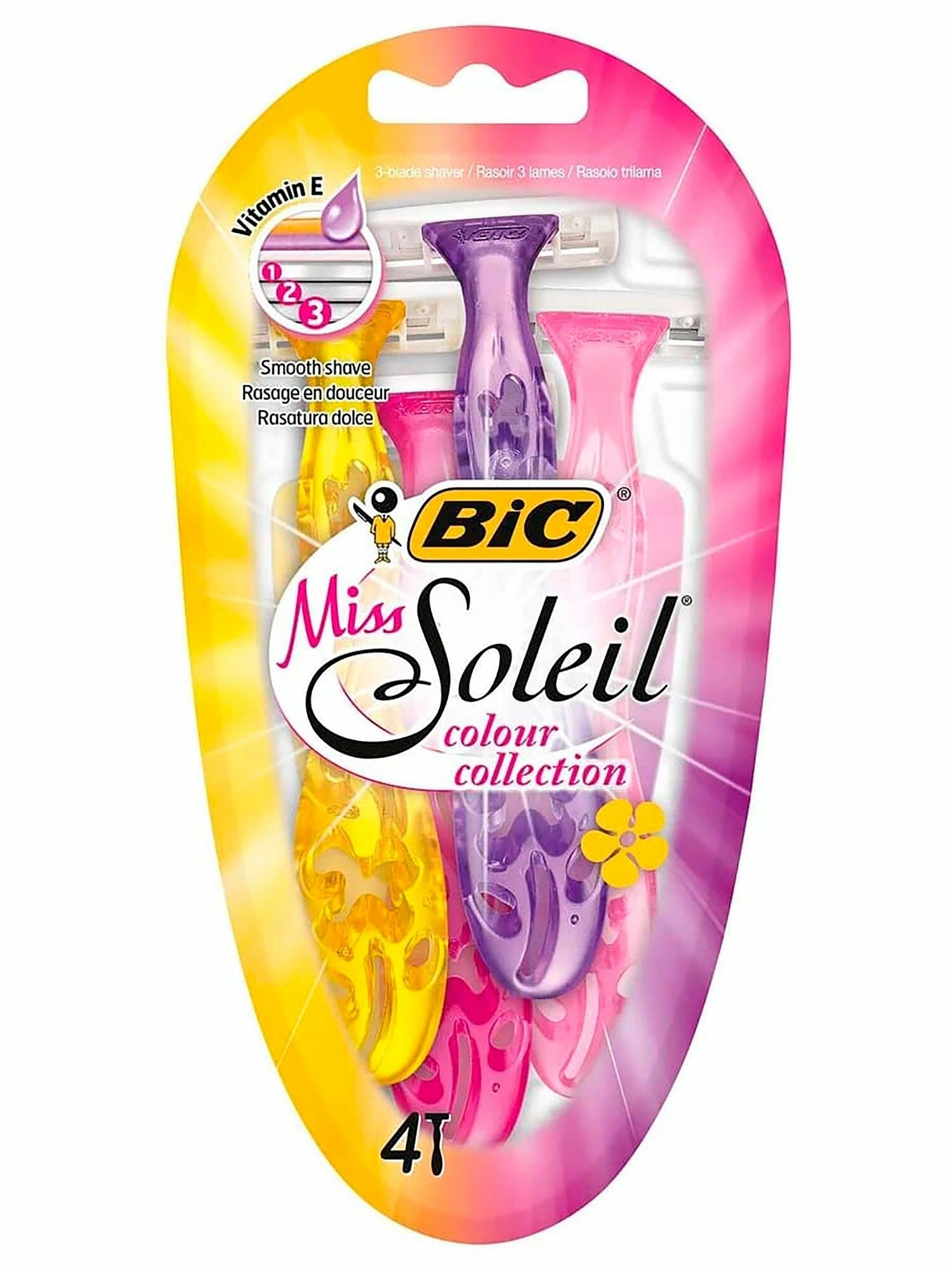 Bic Бритвы одноразовые LADY 3 SOLEIL MISS COLOUR COLLECTION (4 станка), женские, 3 лезвия, увл. полоска