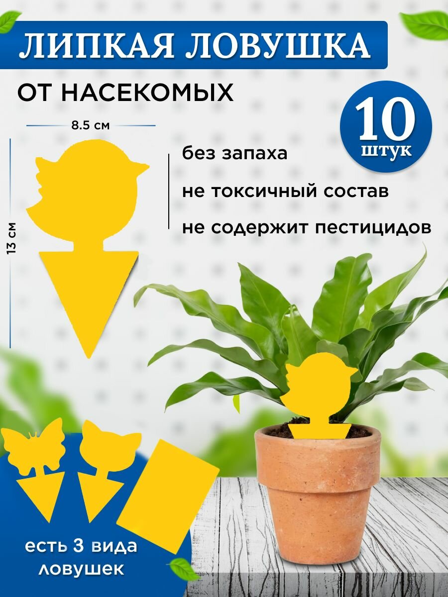 Клеевая ловушка для комнатных растений и деревьев, от мушек черных и белых, дрозофил и тд.10шт.